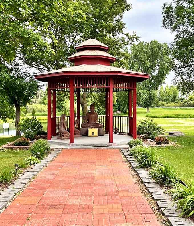 The garden meditation pavilion offers a moment of zen amid Minnesota greenery &ndash; proof that finding your center doesn't require a passport to Cambodia.