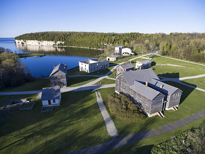 From above, Fayette's thoughtful design becomes apparent, a company town nestled between forest and shoreline.