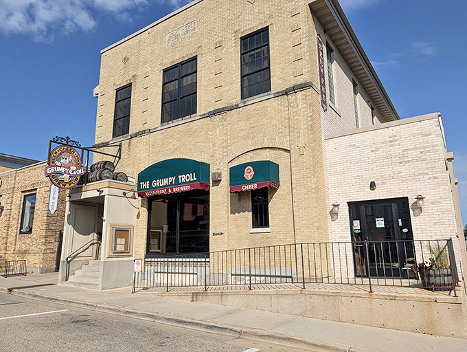 The Grumpy Troll Brew Pub combines craft beer with Scandinavian charm, its distinctive facade promising good times and even better stories inside.