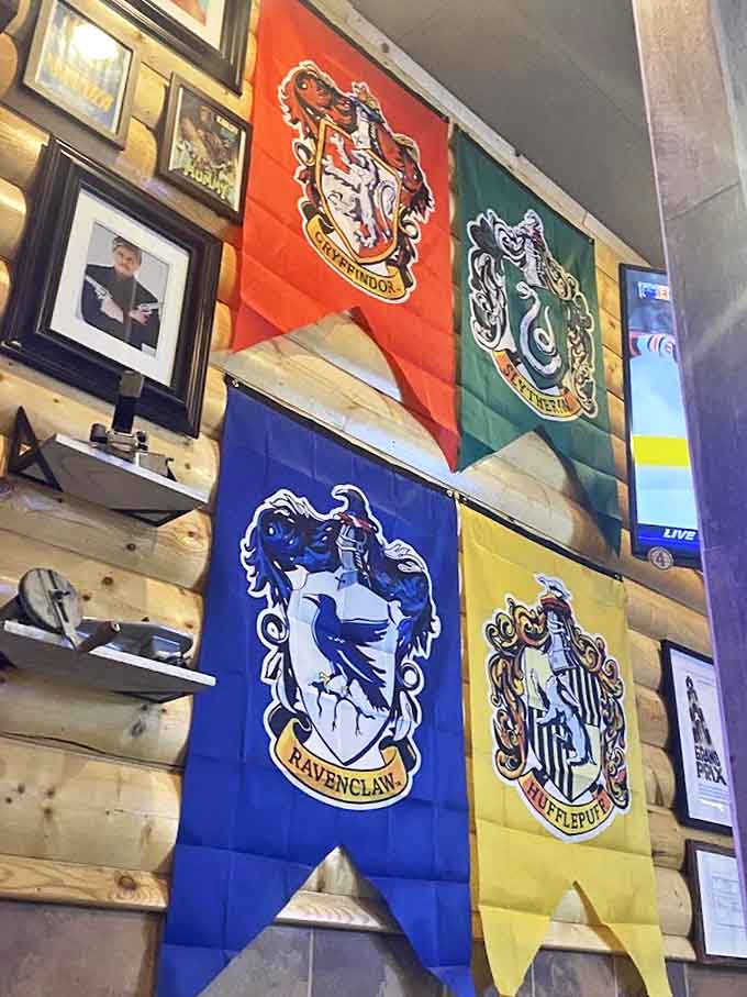 Hogwarts house banners proudly display their colors, sorting hungry patrons into houses based on their menu choices.