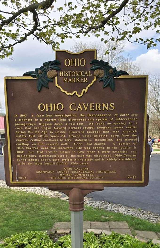 This historical marker tells the story of the farm boy whose curiosity led to discovering Ohio's most spectacular cave system.