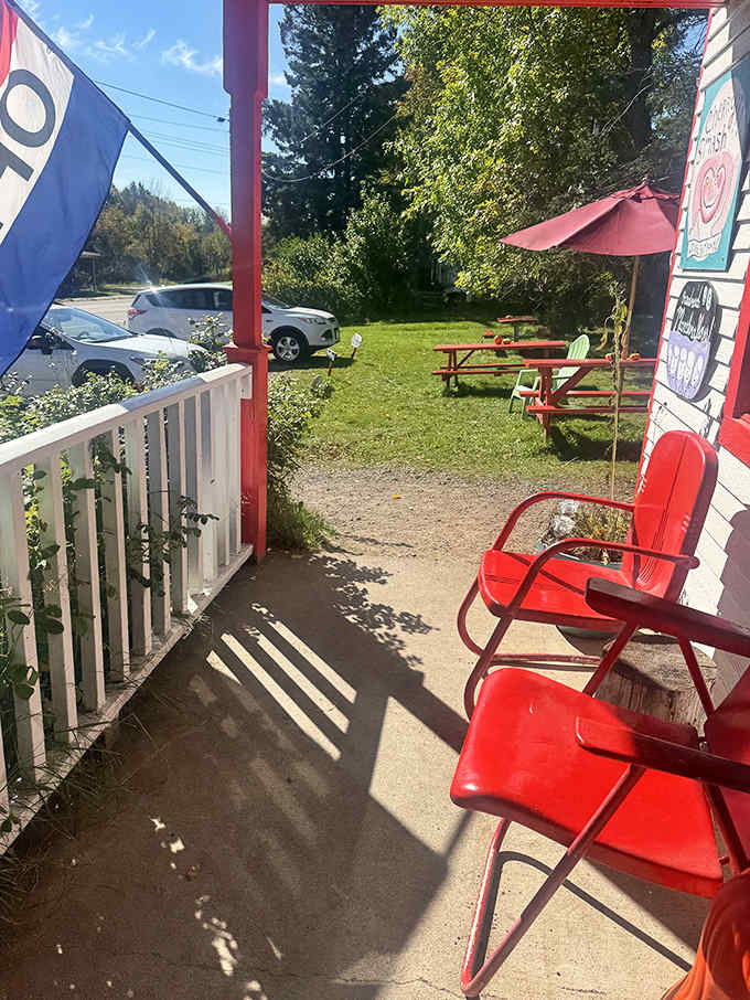 Outdoor seating nestled beside the shop provides a tranquil spot to enjoy your treats while soaking in Minnesota sunshine.