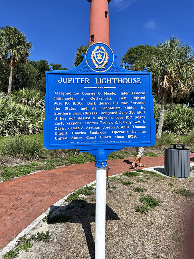 Blue and white historical marker tells the lighthouse's Civil War drama&mdash;when Confederate sympathizers literally "turned out the lights."