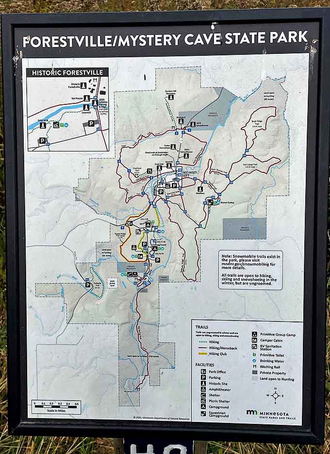 Adventure map: This detailed park map helps visitors navigate both the historic Forestville site and the extensive trail system throughout the park.
