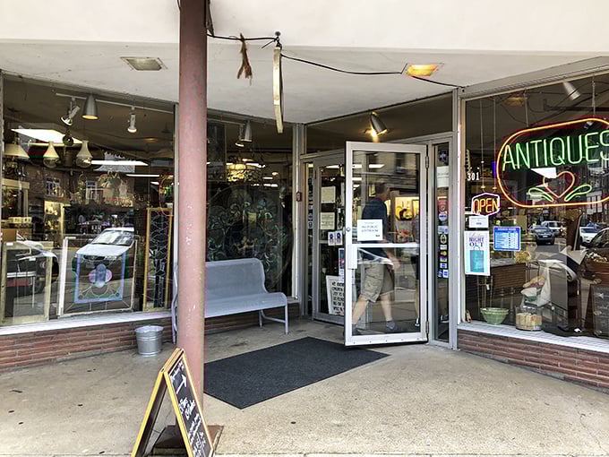 Midtown Antique Mall's entrance promises treasure hunting adventures&mdash;where "just browsing" becomes a three-hour expedition.