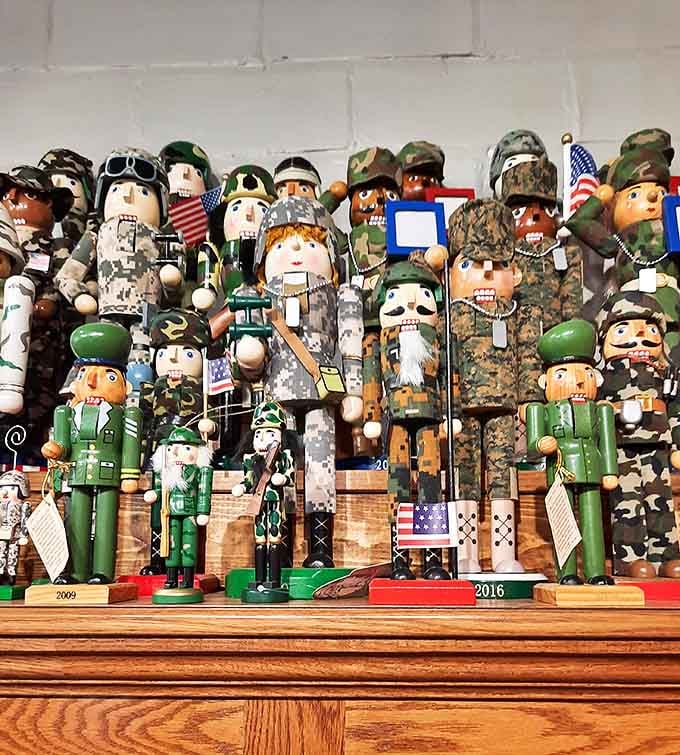 Standing tall in formation, these military nutcrackers honor service members with detailed uniforms spanning different eras and branches.