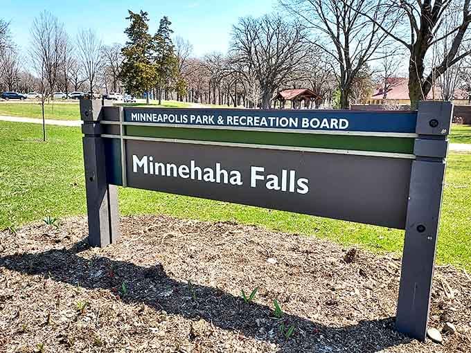 The park entrance sign welcomes visitors to one of Minneapolis's most beloved natural treasures – no "city slicker" GPS required!