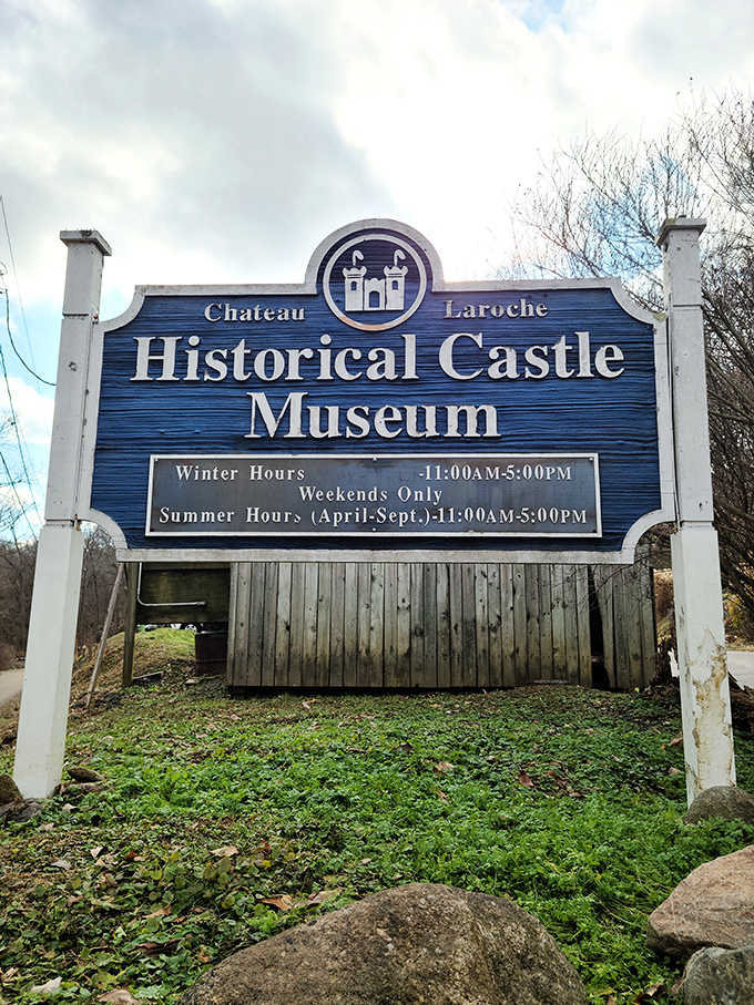 The museum's sign welcomes visitors to Ch&acirc;teau Laroche, where European history meets Midwestern hospitality in surprising harmony.