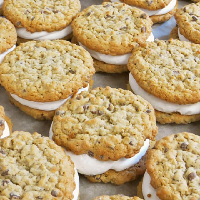 Oatmeal whoopie pies &ndash; two substantial cookies sandwiching a cloud of cream filling, creating the perfect handheld happiness delivery system.