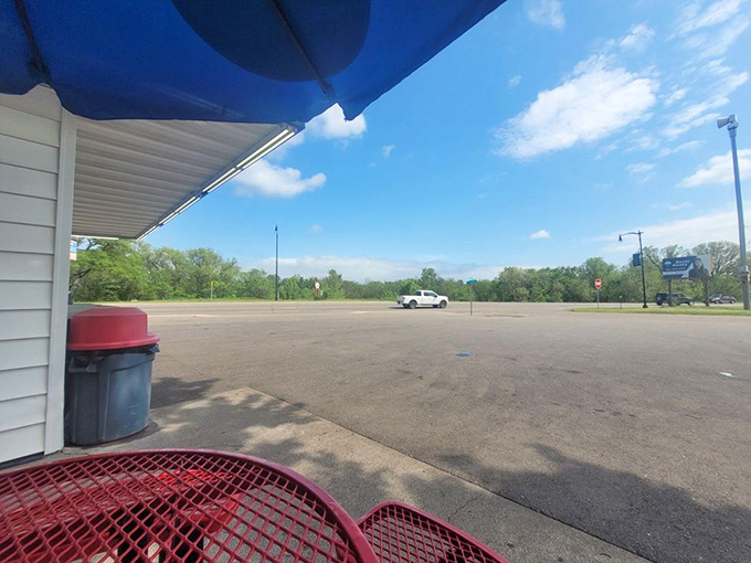 The view from a picnic table at Sue's captures the peaceful setting that makes lingering over your meal so tempting. 