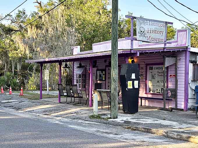 As dusk falls, the museum's purple exterior takes on an even more mysterious quality, standing as a beacon for those seeking the unexplained.