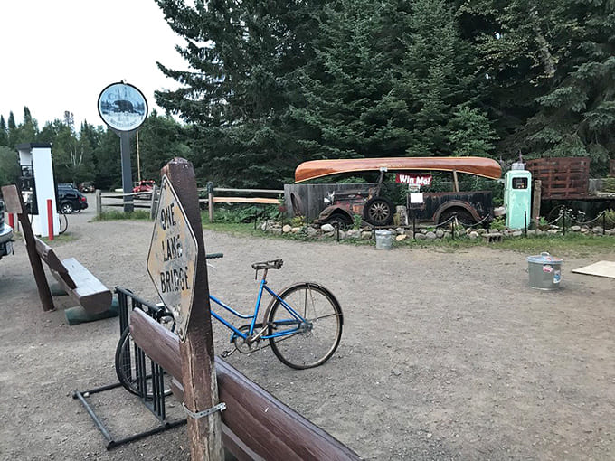 Outside, where vintage vehicles and bike racks hint at adventures past and future &ndash; the perfect staging area for North Woods exploration.