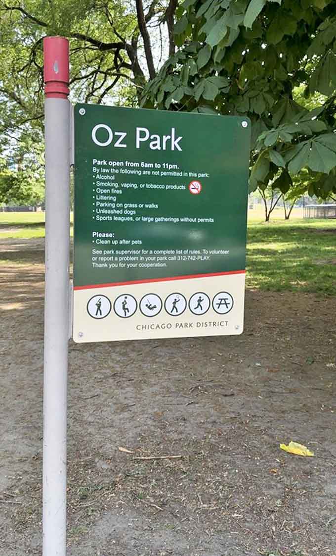 Clear park rules ensure everyone can enjoy this magical space, though "no flying monkeys" is surprisingly absent from the prohibited activities list.