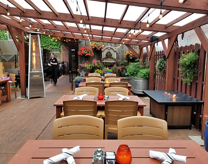 The outdoor patio offers al fresco feasting under wooden beams &ndash; Wisconsin summer evenings were made for barbecue and cold beer.