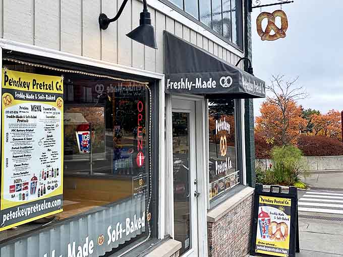 Even in autumn, Petoskey Pretzel Co. draws devoted fans, its welcoming signage promising warm, doughy comfort as Michigan's temperatures drop.