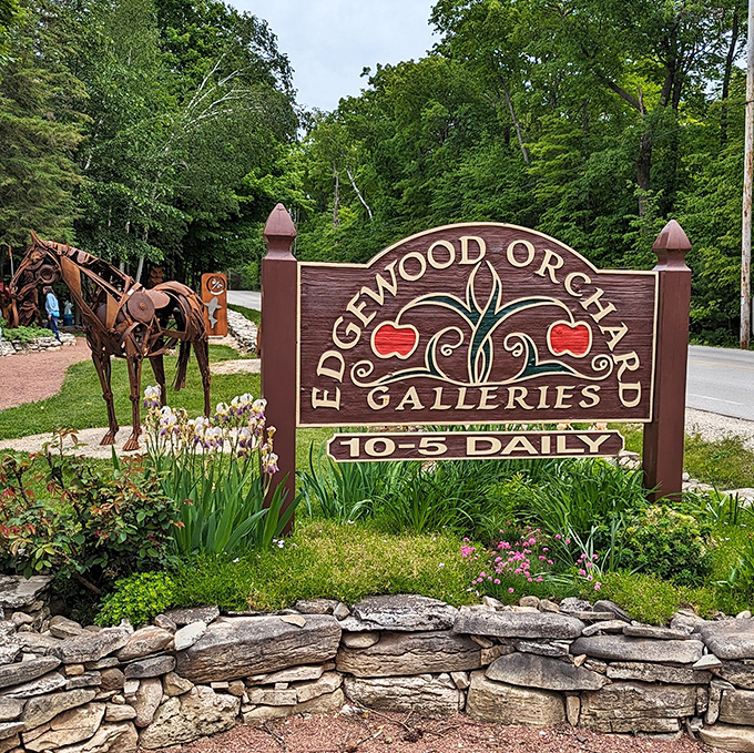 Edgewood Orchard's iconic sign greets visitors, a metal horse sculpture standing guard &ndash; your first hint of the artistic journey ahead.