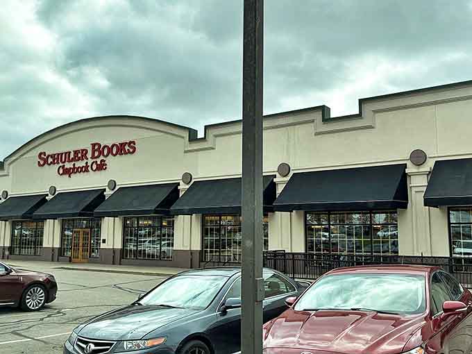 Even from the parking lot, Schuler Books beckons with its distinctive storefront &ndash; a literary lighthouse guiding book lovers home.