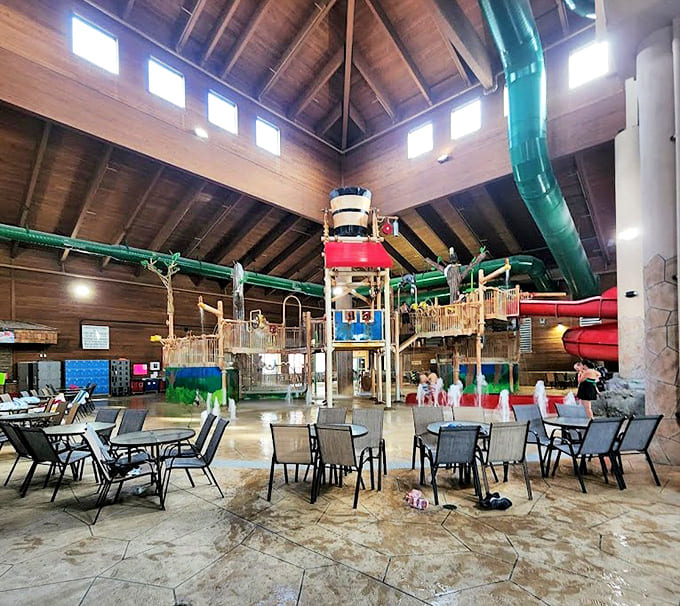 Strategic seating areas offer the perfect command center for parents to monitor aquatic operations while pretending to read that book they brought.