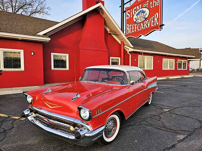 That classic red Chevy out front isn't just decoration, it's a rolling advertisement for the timeless, all-American dining experience you'll find inside these doors.
