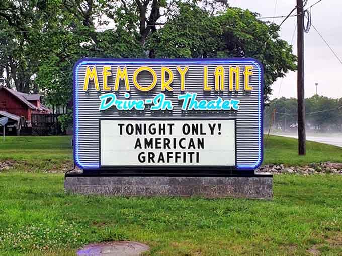 The iconic Memory Lane marquee sign glows with vintage charm, announcing tonight's feature with the same excitement it has for generations.