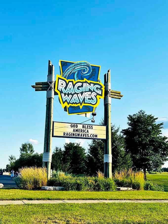 The landmark sign welcomes water enthusiasts &ndash; standing tall like a beacon of hope for families fleeing the Midwest summer heat.