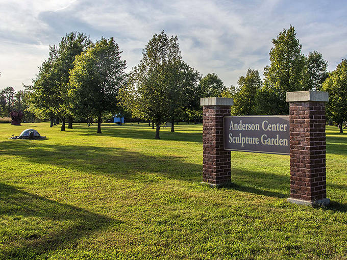 The Anderson Center Sculpture Garden sign welcomes visitors to this artistic oasis, promising discoveries that blend natural beauty with human creativity.