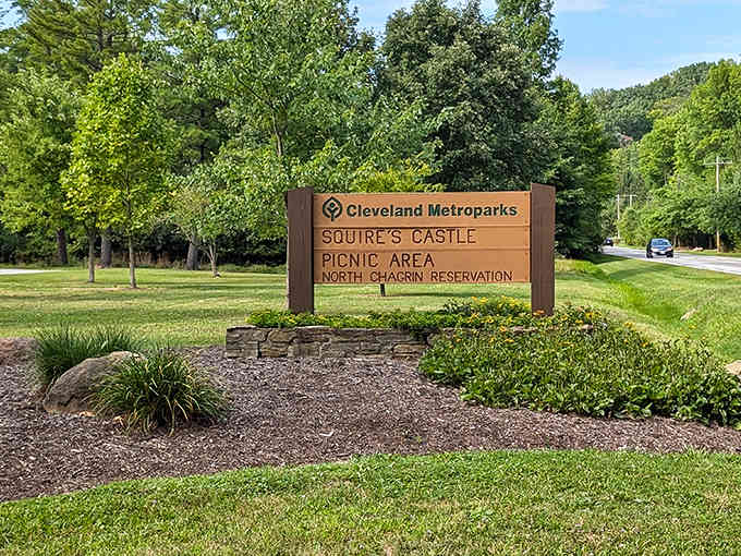 The Cleveland Metroparks signage welcomes visitors to this hidden gem, promising both natural beauty and historical intrigue in equal measure.