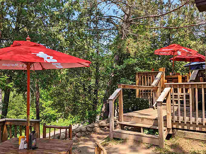 Red umbrellas dot the wooden deck like cheerful mushrooms, creating intimate dining spaces among the trees.