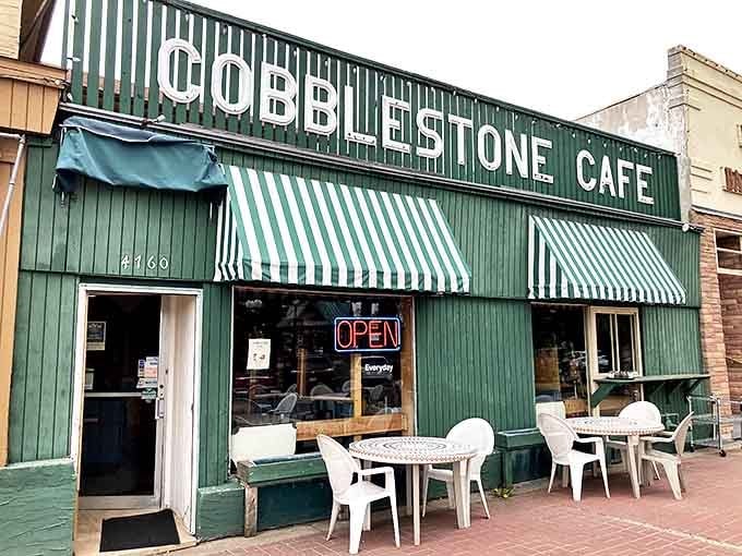 The Cobblestone Cafe storefront stands as a beacon of breakfast hope on White Bear Lake's main street, promising pancake perfection within.