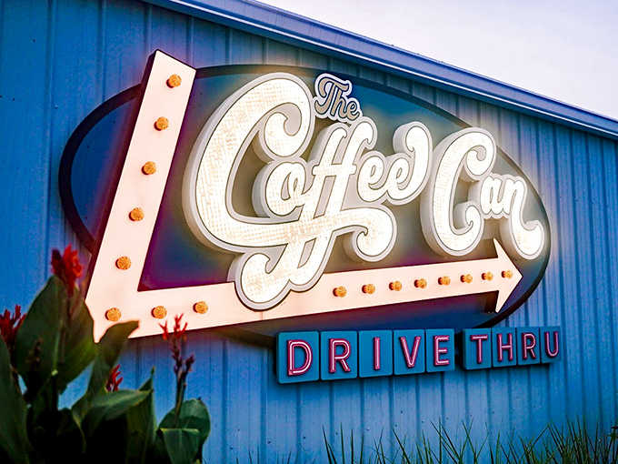 When the sun sets, The Coffee Can's illuminated sign becomes a beacon for night owls seeking one last perfect cup before tomorrow begins.