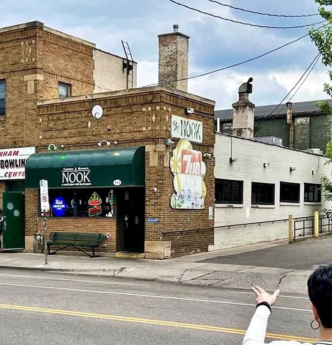 A corner joint with character: The Nook's unassuming brick exterior hides some of Minnesota's most legendary burgers inside.