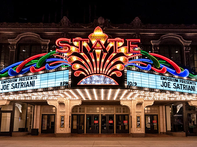After dark, the State Theatre's marquee transforms Hennepin Avenue into a scene from another era, beckoning modern audiences into its historic embrace.