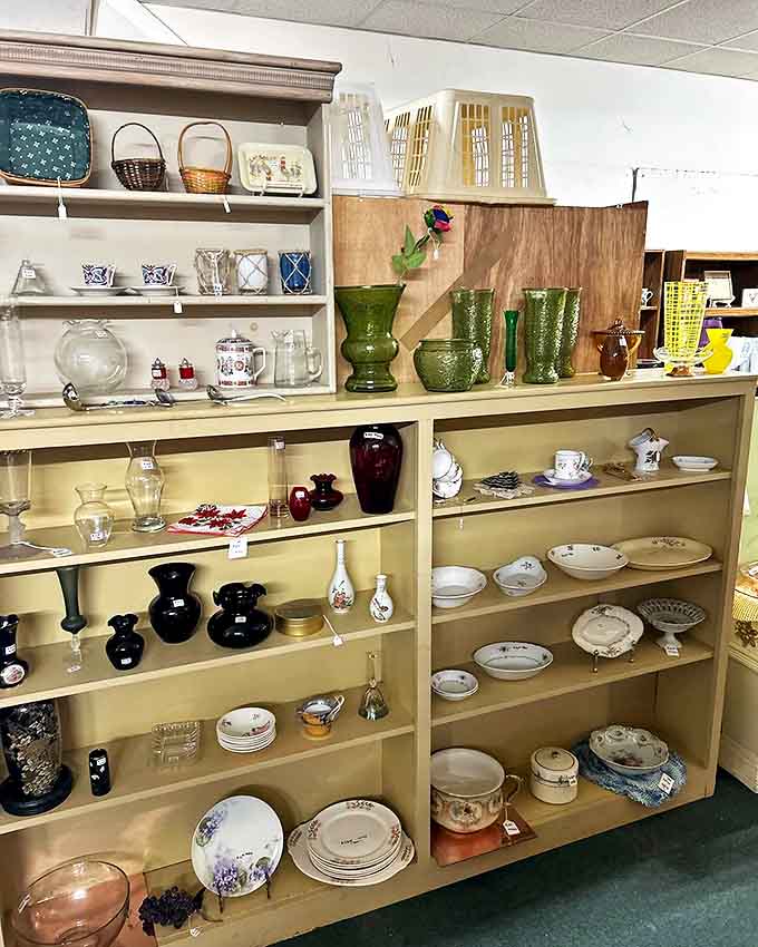 Shelves of carefully arranged glassware and china create a museum-like display of domestic history, each piece waiting for a new home where its beauty will be appreciated again.