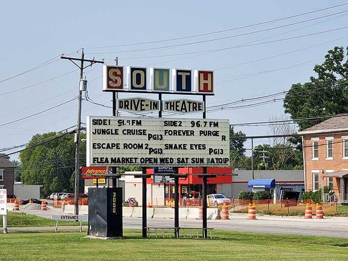 The vintage South Drive-In sign stands as a colorful landmark, announcing current features and promising evenings of entertainment under Ohio skies.