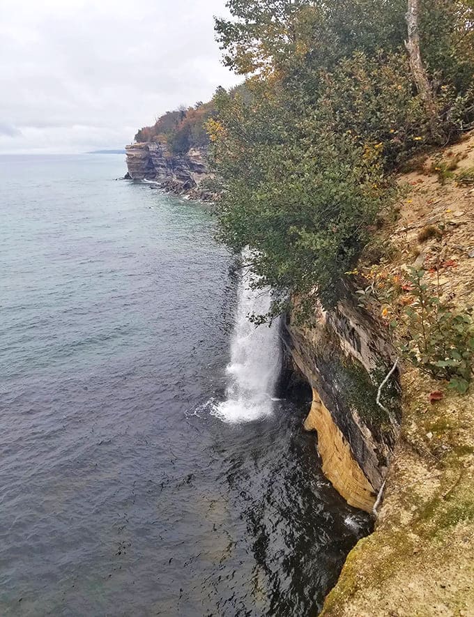 From this vantage point, the waterfall appears as a delicate white ribbon against the massive cliff face, a reminder of water's patient power.