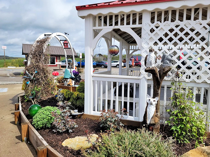 A charming white gazebo adds architectural interest to the marketplace entrance &ndash; first impressions matter, even for flea markets!