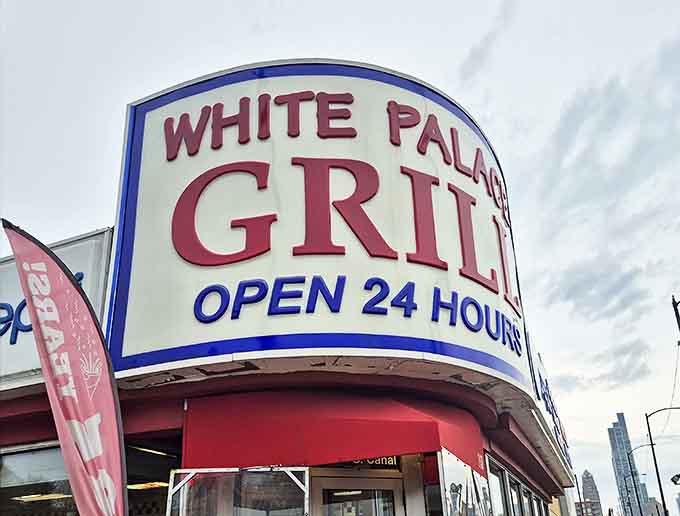 Day or night, rain or shine, the White Palace Grill sign promises that someone's always awake and ready to feed you.