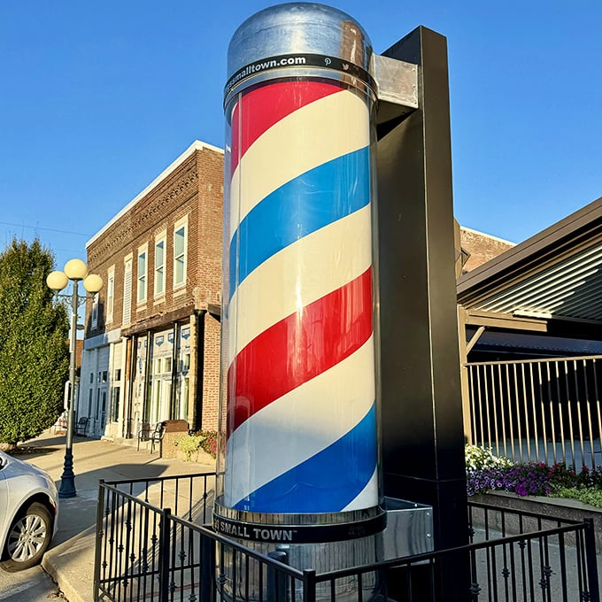 No haircut needed to appreciate this enormous barber pole. The classic red, white, and blue spiral brings nostalgic Americana to gigantic proportions.
