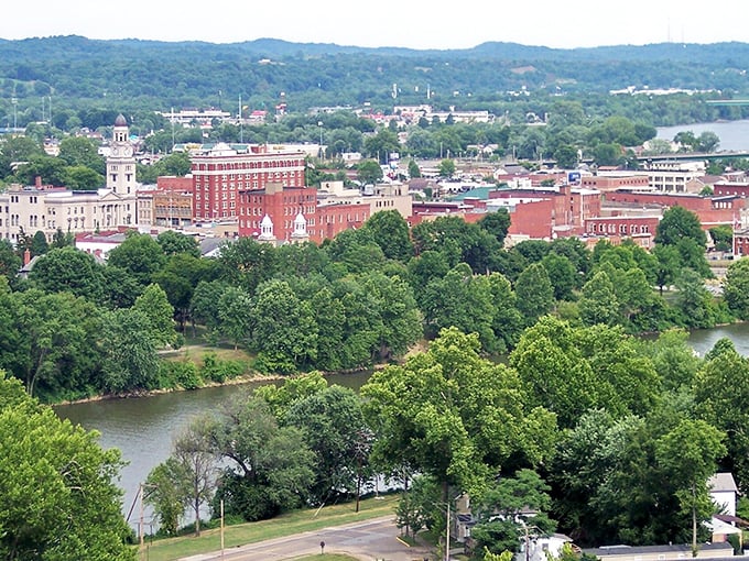 An aerial view reveals Marietta's perfect positioning at the confluence of rivers, where the town nestles into the landscape as if geography itself planned this settlement.