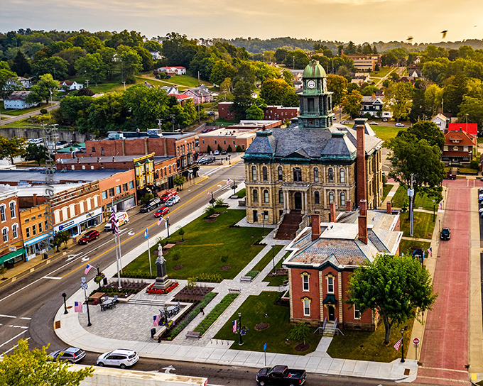 From above, Millersburg reveals itself as a perfect patchwork of historic buildings, green spaces, and small-town American charm.
