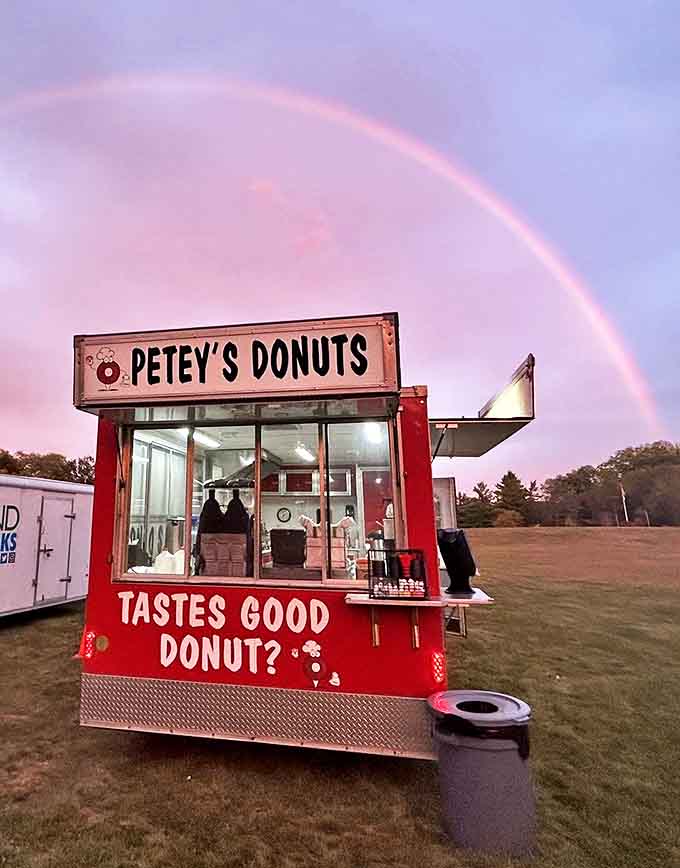 Even rainbows seem to seek out Petey's Donuts, creating magical backdrops for this beloved mobile purveyor of joy.