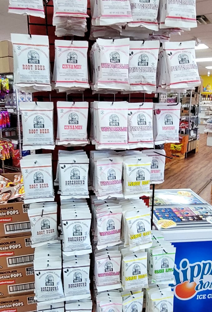 Claey's old-fashioned candy drops hang in neat rows &ndash; flavor time capsules from an era when "horehound" was considered an enticing candy description.
