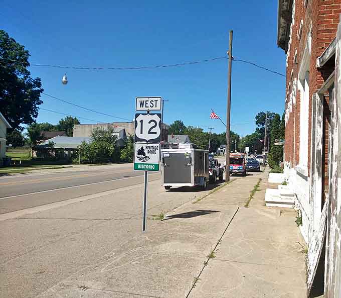 The Historic US-12 sign marks Allen's place along this heritage route &ndash; once a major thoroughfare connecting Detroit to Chicago before interstates changed everything.