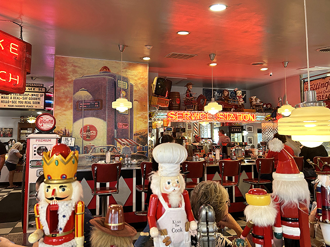 The nutcracker-themed holiday display adds seasonal magic to the already charming atmosphere – these wooden characters aren't just for Christmas at this special diner.