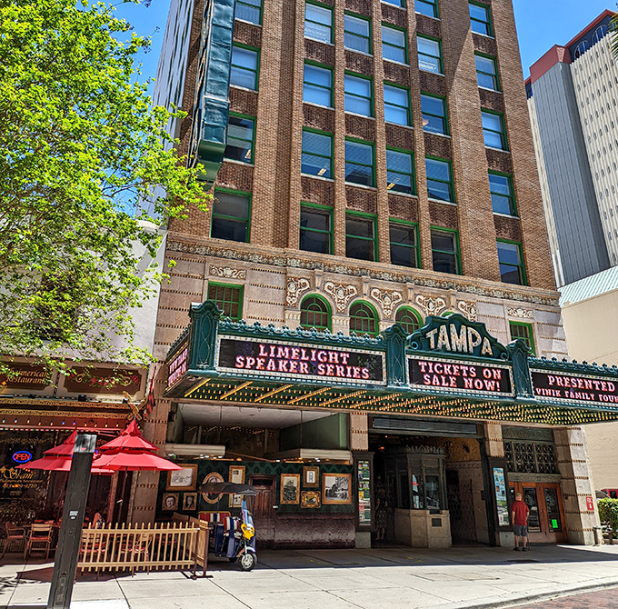 Daylight reveals the theater's stunning architectural façade—a Spanish-Mediterranean fantasy anchoring Tampa's cultural district.