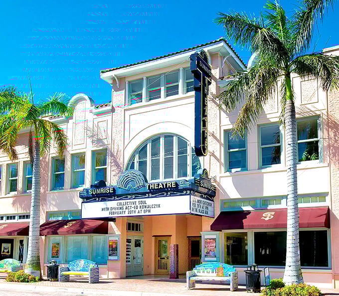Bathed in Florida sunshine, the theater's fa&ccedil;ade showcases the architectural details that have made it a beloved landmark since the 1920s.
