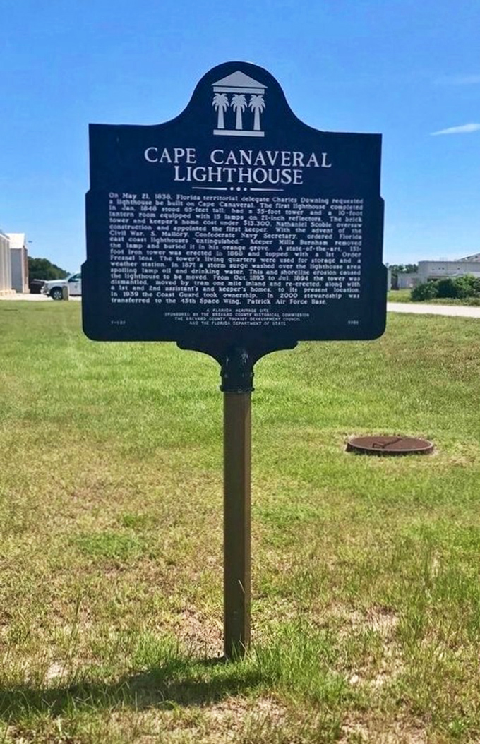 This historical marker details the lighthouse's fascinating journey, from its 1868 construction to its current role as guardian of both ships and space history.