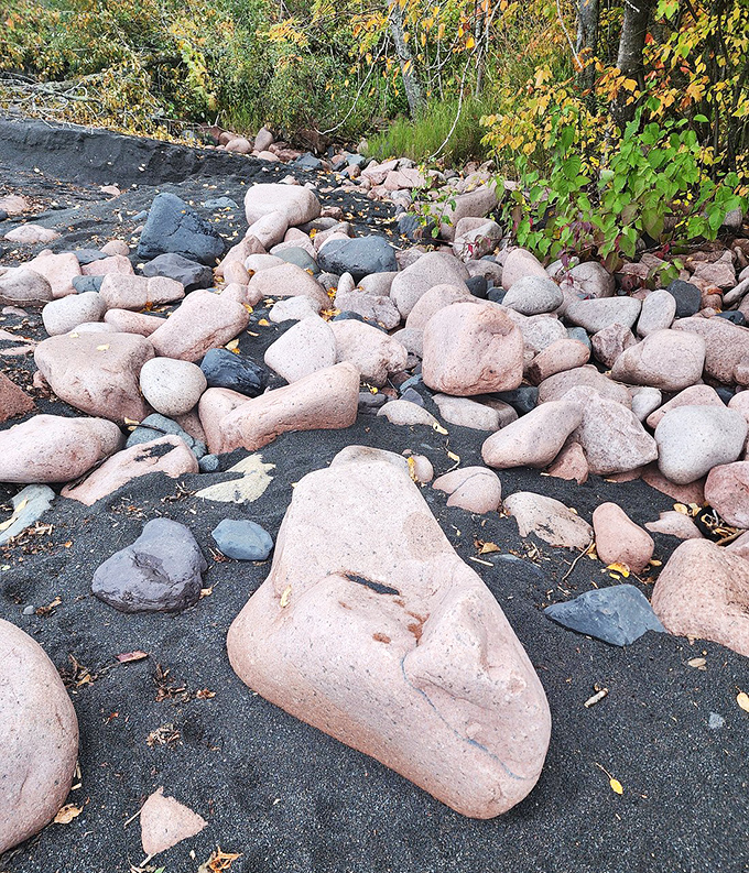 These massive pink stones scattered across the dark sand look like giant's marbles abandoned mid-game when Lake Superior called them home for dinner.