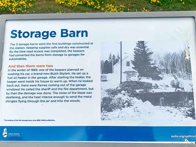 History preserved: This informational sign reveals the fascinating story behind the park's historic buildings and their colorful past.