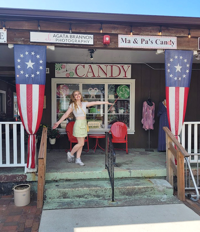 American flags frame the entrance to this sweet slice of Americana, where childhood joy is served daily.